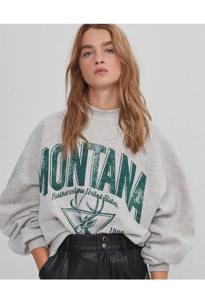 Nestore Gri Kadın Sweatshirt Oversize Montana Baskılı Kışlık Kadın Sweat