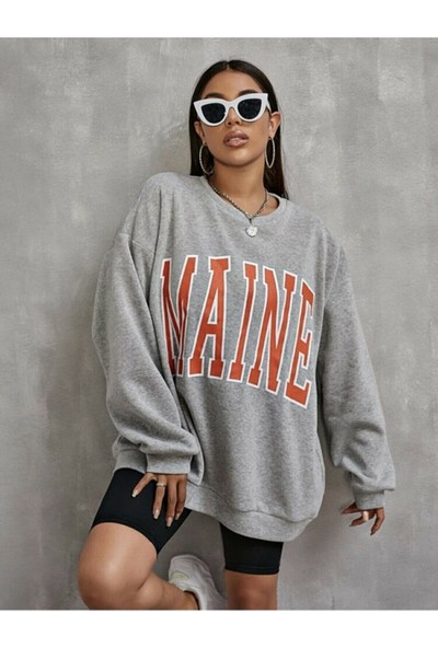 Nestore Gri Oversize Kadın Sweatshirt Maine Baskılı Kadın Sweat