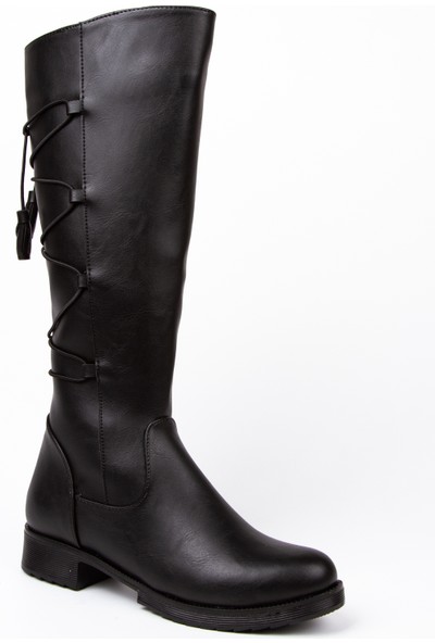 Mitto Kadın Siyah Çizme, Suni Deri Uzun Çizme, Arka Lastik Bağcıklı