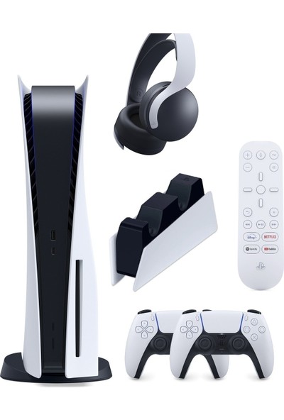 Sony Playstation 5 + 2.kol + Ps5 3D Pulse Kulaklık + Ps5 Şarj Istasyonu + Ps5 Media Kumandası Sony Playstation 5 + 2.kol + Ps5 3D Pulse Kulaklık + Ps5 Şarj Istasyonu + Ps5 Media Kumandası