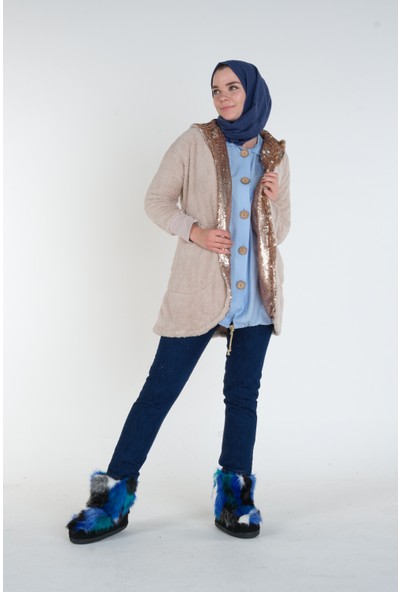 Tesse Cepli Payetli Peluş Detaylı Kapüşonlu Tesettür Hırka 1725