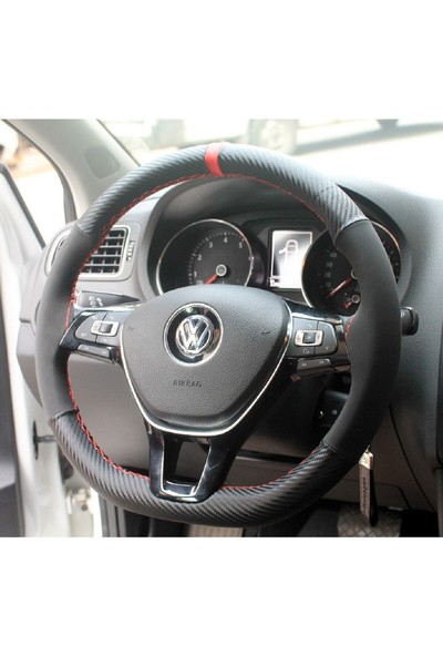 Gürler Oto Aksesuar Vw Polo 04-18 Dikmeli Direksiyon Kılıfı Carbon Alkantra Kırmızı