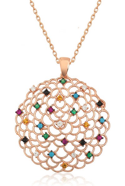 Gumush Gümüş Geometrik Desenli Madalyon Kolye