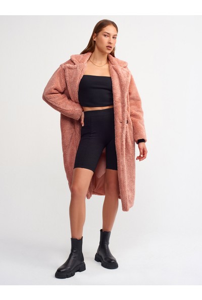 Dilvin 6824 Uzun Peluş Manto-Pudra
