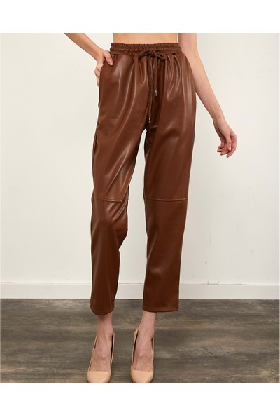 Dilaragül Moda Dizden Dikişli Salaş Deri Pantolon - Kahve - S
