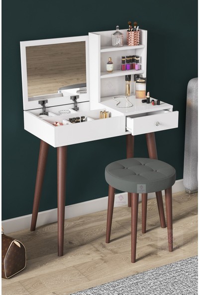 Canisa Concept Premium Serisi Aynalı Makyaj Masası, Beyaz Takı Dolabı & Puf , Ceviz Gürgen Ayak