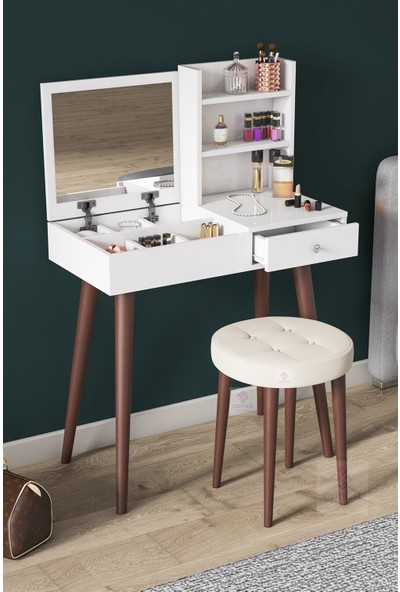 Canisa Concept Premium Serisi Aynalı Makyaj Masası, Beyaz Takı Dolabı & Puf , Ceviz Gürgen Ayak