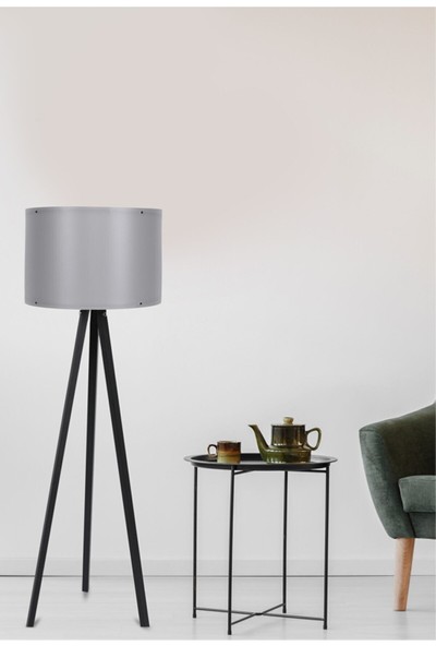 MHK Collection Tripot Mdf Ayaklı Lambader Gri-Siyah