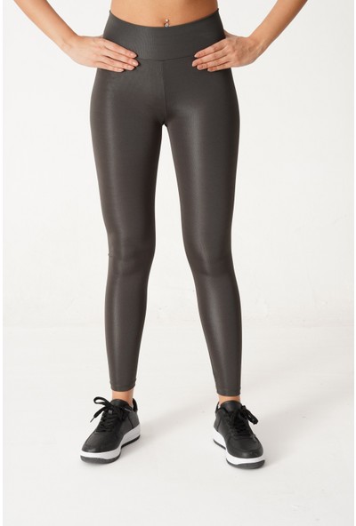 Medizzone Düz Şardonlu Dalgıç Kumaş Yüksek Bel Siyah Tayt