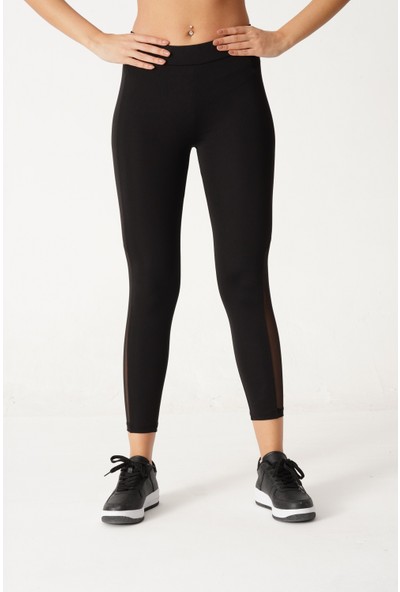 Medizzone Bacak Tüllü Dalgıç Kumaş Siyah Tayt
