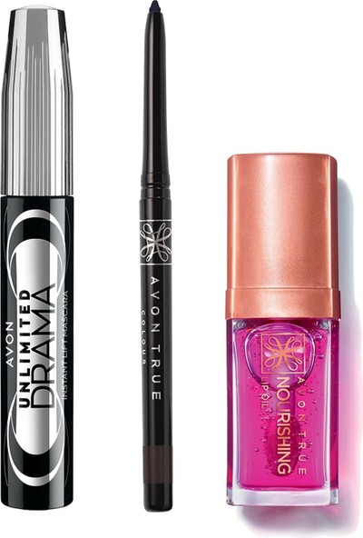 Avon Unlimited Drama Siyah Maskara Brown Sugar Göz Kalemi ve Besleyici Dudak Yağı Paketi Avon Unlimited Drama Siyah Maskara Brown Sugar Göz Kalemi ve Besleyici Dudak Yağı Paketi