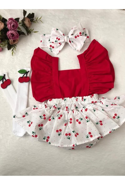 Baby Puff Kız Çocuk Kırmızı Kiraz Desen Slopet Bandana Kiraz Çorap Set