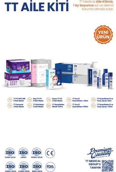 TT Medical Group 10'lu Aile Kiti Yüksek Korumalı Tt-P2 Yüz Maske Seti + Alkol Bazlı Dezenfektan Seti 11 Parça Set TT Medical Group 10'lu Aile Kiti Yüksek Korumalı Tt-P2 Yüz Maske Seti + Alkol Bazlı Dezenfektan Seti 11 Parça Set