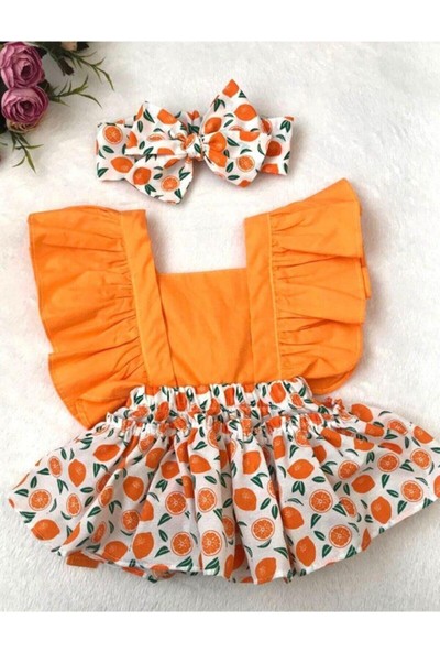 Baby Puff Kız Bebek Turuncu Portakal Desen Salopet Bandana Seti Baby Puff Kız Bebek Turuncu Portakal Desen Salopet Bandana Seti