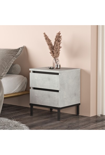 Yurudesign Luvio Komodin 2 Çekmece Metal Ayaklı Taş-Siyah LV25-TL Yurudesign Luvio Komodin 2 Çekmece Metal Ayaklı Taş-Siyah LV25-TL