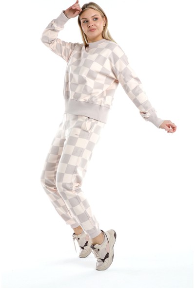 Bessa Oversize Pamuklu Eşofman Takımı Kare Desenli