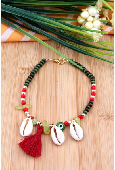 Pelin Aksesuar Yeşil Ahşap Boncuklu Deniz Kabuklu Nazar Boncuklu Püsküllü Halhal