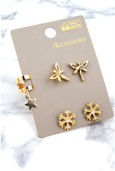 Pelin Aksesuar 5li Melek ve Kartanesi Yıldızlı Kıkırdak Küpe Seti Pelin Aksesuar 5li Melek ve Kartanesi Yıldızlı Kıkırdak Küpe Seti