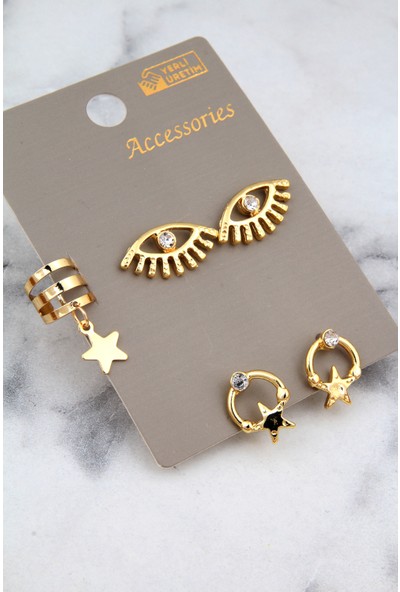Pelin Aksesuar 5li Göz ve Yıldızlı Kıkırdak Küpe Seti
