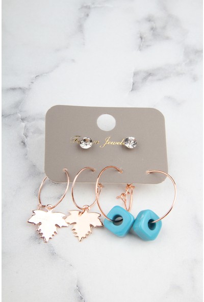 Pelin Aksesuar 6 Lı Yaprak ve Mavi Nostaljik Boncuklu Küpe Seti