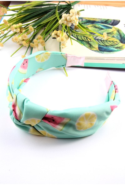 Pelin Aksesuar Karpuz Limon Desenli Mint Yeşil Düğümlü Taç