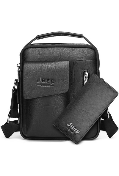 Jeep Buluo Erkek Deri Omuz ve El Çantası Seti Siyah (Yurt Dışından)
