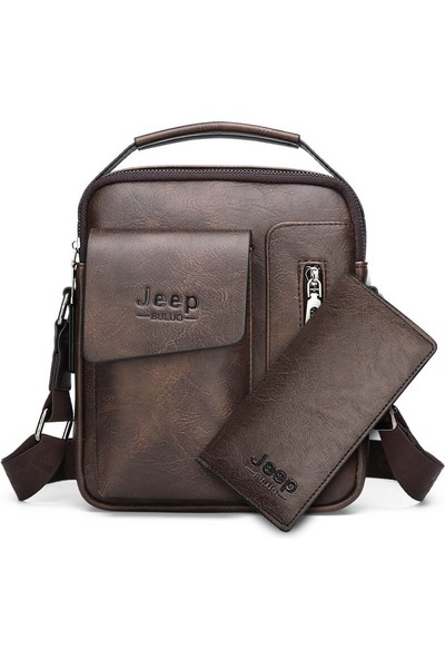 Jeep Buluo Erkek Deri Omuz ve El Çantası Seti Kahverengi (Yurt Dışından)
