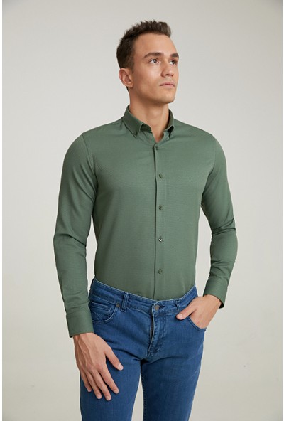 Twn Slim Fit Yeşil Armürlü Gömlek