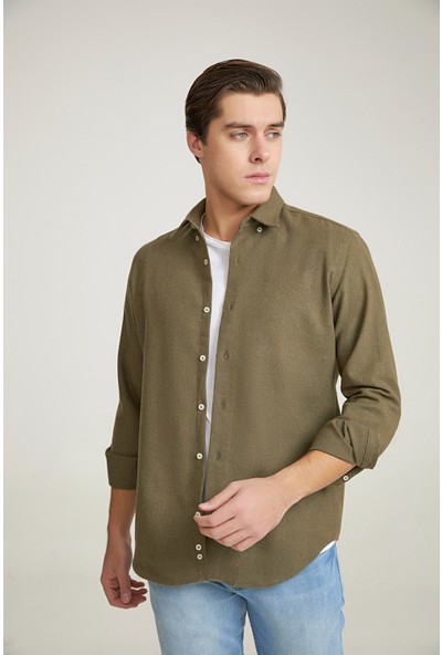 D'S Damat Ds Damat Regular Fit Haki Düz Gömlek