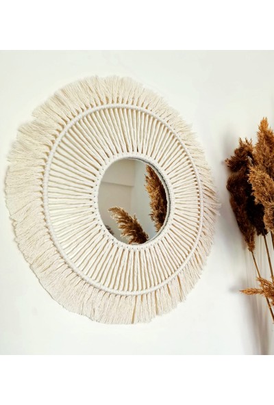 Femina Design Büyük Ekru Günışığı 55 cm Makrome Bohem Ayna