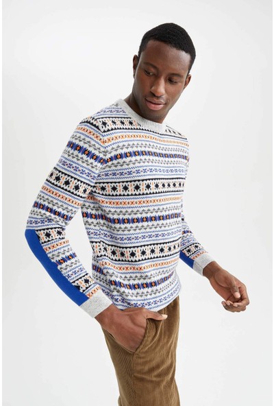 DeFacto Regular Fit Bisiklet Yaka Desenli Triko Kazak V3246AZ21CW