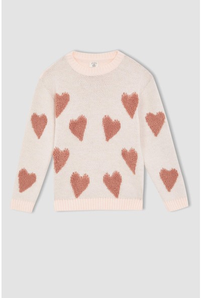 DeFacto Kız Çocuk Regular Fit Kalp Desenli Bisiklet Yaka Kazak X0698A621WN