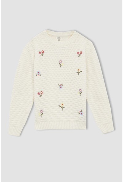 DeFacto Kız Çocuk Regular Fit Çiçek Desenli Bisiklet Yaka Kazak X0699A621WN