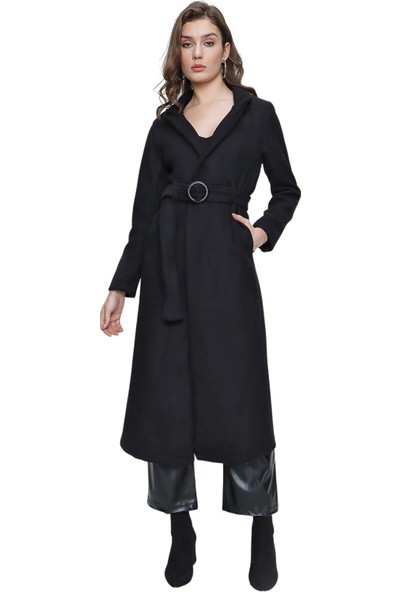 Butikburuc Kadın Siyah Kemerli Kaşe Kaban