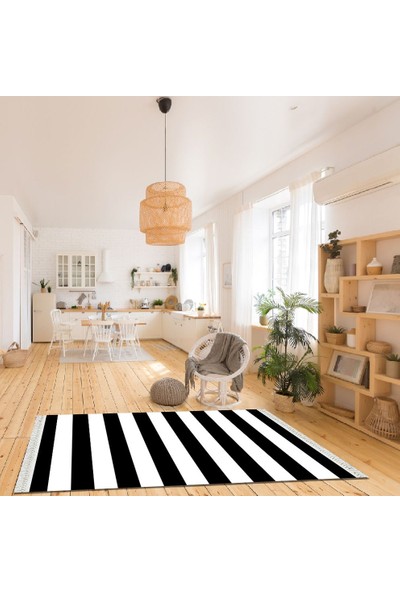 Henge Klasik Kalın Çizgili Desenli Siyah Beyaz Renkli Baskılı Kilim HR_812 Henge Klasik Kalın Çizgili Desenli Siyah Beyaz Renkli Baskılı Kilim HR_812