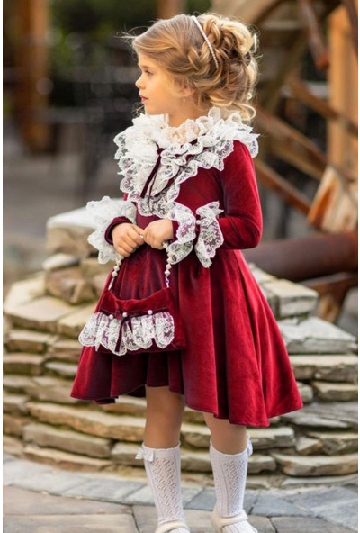 Riccotarz Kız Çocuk Dantel Volanlı Çantalı Bordo Kadife Abiye