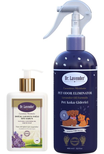 Dr. Lavender Kedi Köpek Koku Giderici Sprey Koku Hapsedici Lavanta Kokusu 400 ml + Sıvı Sabun 300 gr Dr. Lavender Kedi Köpek Koku Giderici Sprey Koku Hapsedici Lavanta Kokusu 400 ml + Sıvı Sabun 300 gr