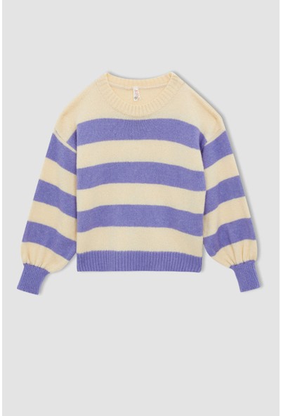 DeFacto Kız Çocuk Regular Fit Çizgi Desenli Bisiklet Yaka Geri Dönüşümlü Kazak W5380A621WN