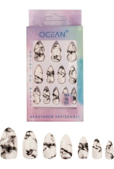 Ocean Siyah Beyaz Ton Badem Batik Desenli Ebruli Tak ve Çık Takma Tırnak Ocean Siyah Beyaz Ton Badem Batik Desenli Ebruli Tak ve Çık Takma Tırnak