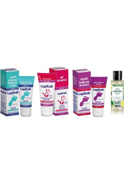 Lapitak Ayak Bakım 60 ml + Ayak Koku Önleyici 60 ml + El Kremi 60 ml + Marmara Kolonyası 50 ml Lapitak Ayak Bakım 60 ml + Ayak Koku Önleyici 60 ml + El Kremi 60 ml + Marmara Kolonyası 50 ml
