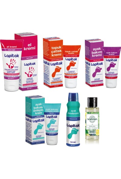 Lapitak Ayak Bakım 60 ml + Topuk Çatlak 60 ml + Ayak Koku Önleyici 60 ml + El Kremi 60 ml + Ayak Deodorantı 150 ml + Marmara Kolonyası 50 ml Lapitak Ayak Bakım 60 ml + Topuk Çatlak 60 ml + Ayak Koku Önleyici 60 ml + El Kremi 60 ml + Ayak Deodorantı 150 ml + Marmara Kolonyası 50 ml
