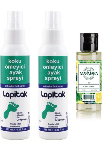 Lapitak Koku Önleyici Ayak Spreyi 125 ml (2 Kutu) + Marmara Kolonyası 50 ml Lapitak Koku Önleyici Ayak Spreyi 125 ml (2 Kutu) + Marmara Kolonyası 50 ml