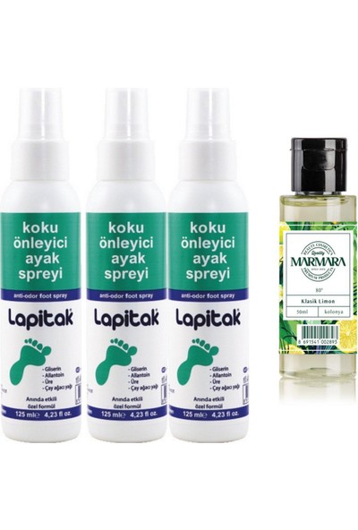 Lapitak Koku Önleyici Ayak Spreyi 125 ml (3 Kutu) + Marmara Kolonyası 50 ml Lapitak Koku Önleyici Ayak Spreyi 125 ml (3 Kutu) + Marmara Kolonyası 50 ml