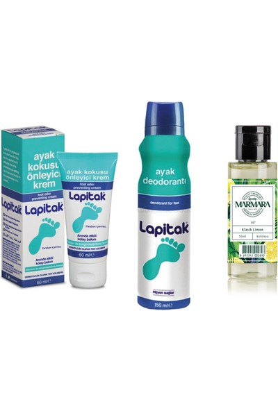 Lapitak Ayak Koku Önleyici 60 ml + Ayak Deodorantı 150 ml + Marmara Kolonyası 50 ml Lapitak Ayak Koku Önleyici 60 ml + Ayak Deodorantı 150 ml + Marmara Kolonyası 50 ml