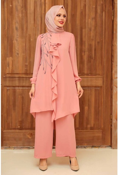 Neva Style Neva Style - Fırfır Detaylı Somon Tesettür Ikili Takım 12510SMN
