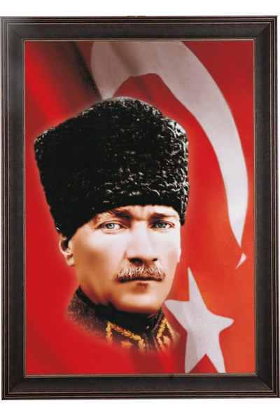 Tekin Özalit Ceviz Rengi Çerçeveli Türk Bayrağı Fonlu Atatürk Portresi