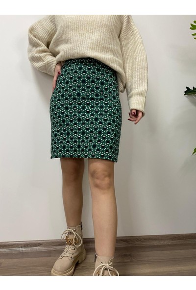 Kadın Yeşil Desenli Beli Lastikli Triko Dar Örme Kalem Etek