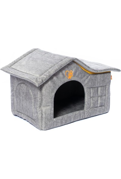 Bebebebek Iç Mekan Çatılı Kedi ve Köpek Evi Gri Kadife Kumaş