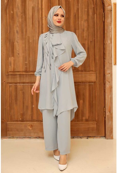 Neva Style Neva Style - Fırfır Detaylı Gri Tesettür Ikili Takım 12510GR