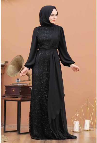 Neva Style Tesettürlü Abiye Elbise - Şifon Detaylı Pul Payet Siyah Tesettür Abiye Elbise 5516S